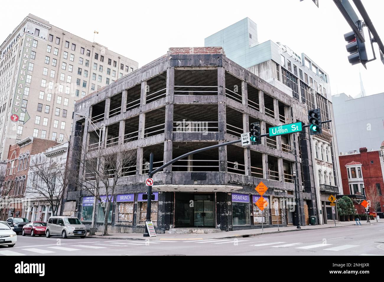 The remain of a 4 story high office building, after a fire, in downtown ...