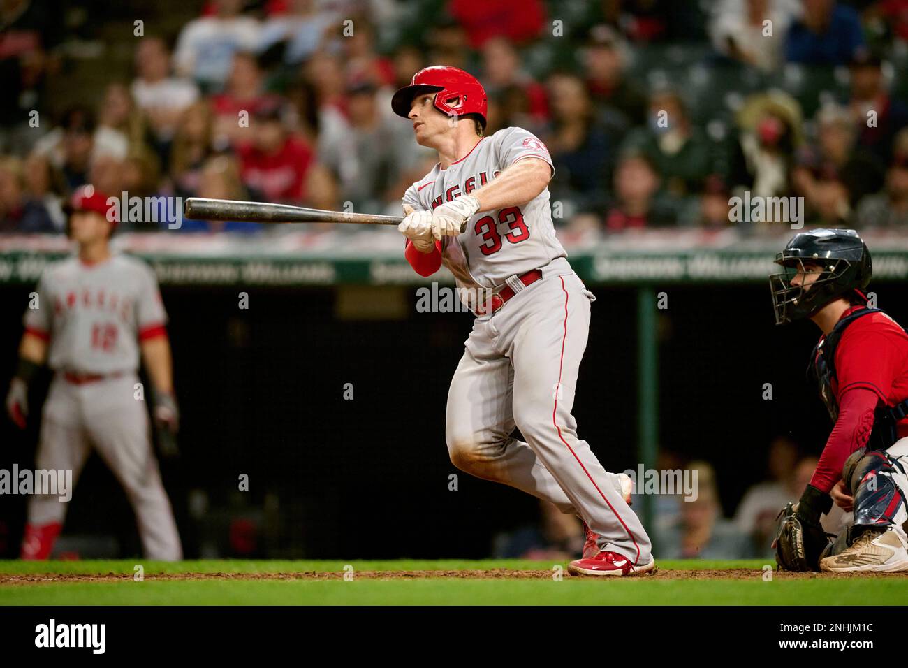 Los Angeles Angels Max Stassi (33) bats during an MLB baseball game ...