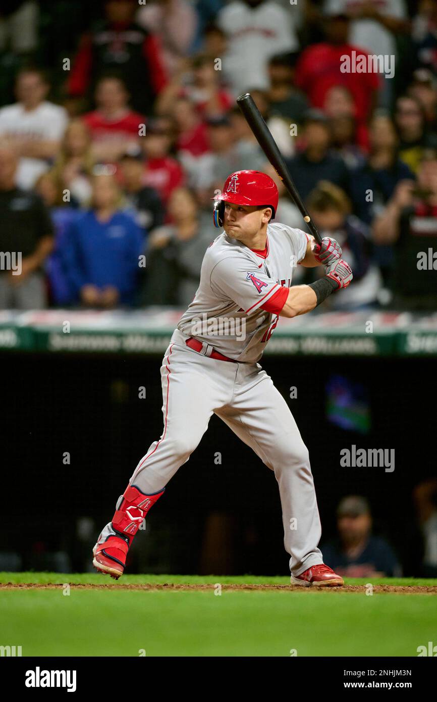fLos Angeles Angels Matt Thaiss (12) bats during an MLB baseball game ...
