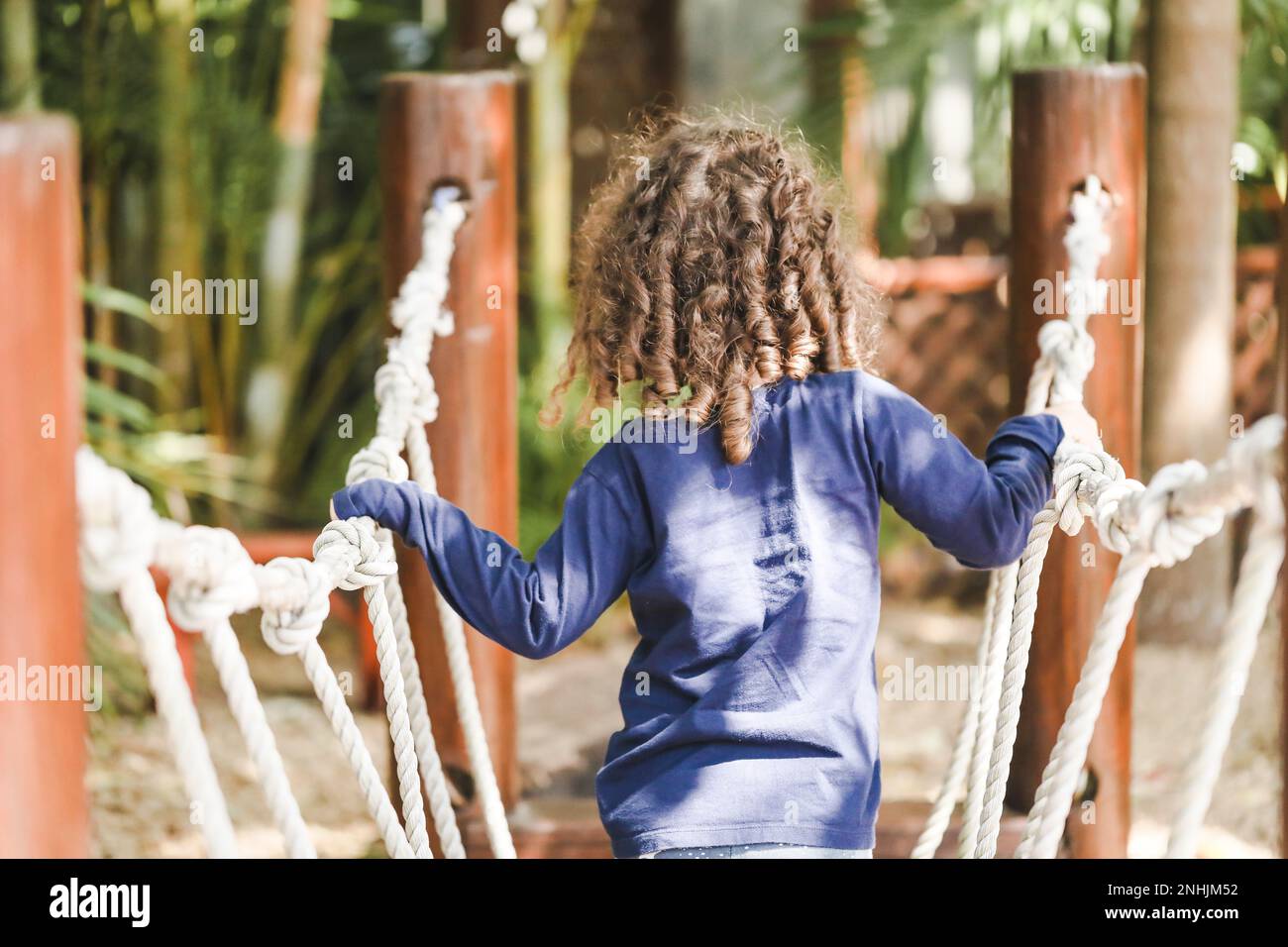 Preschool child playing on rope swing. Beautiful tropical kindergarten ...