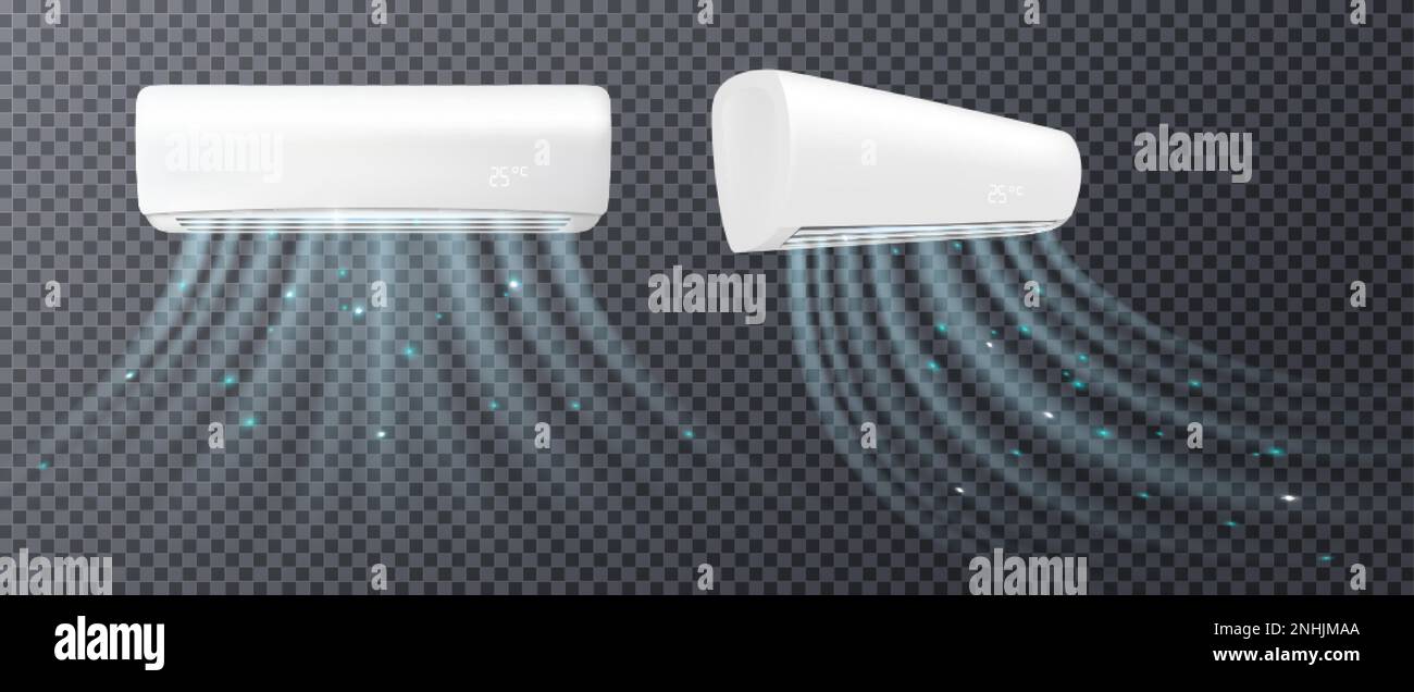White air conditioner with flows of cold wind realistic set isolated on ...