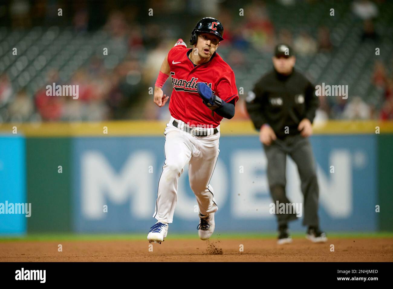 Cleveland Guardians Steven Kwan (38) rounds third base to score a run ...