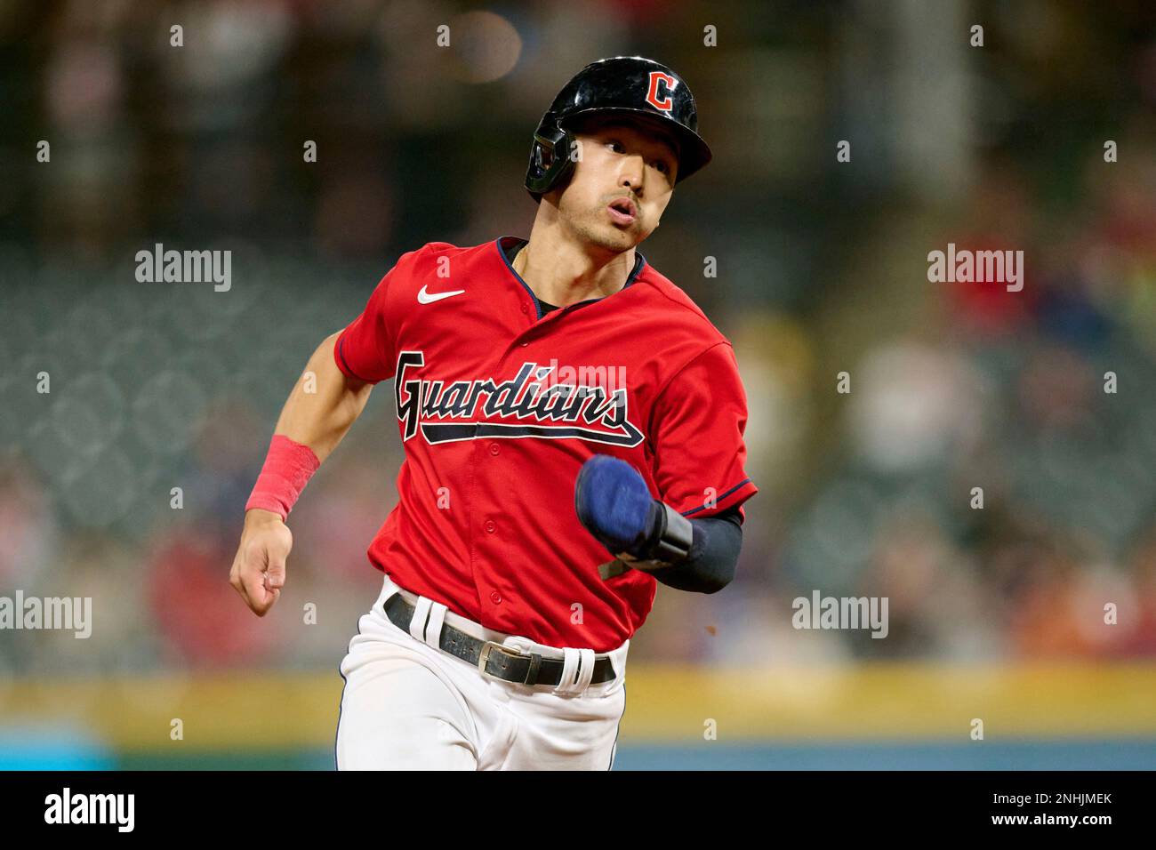 Cleveland Guardians Steven Kwan (38) rounds third base to score a run ...