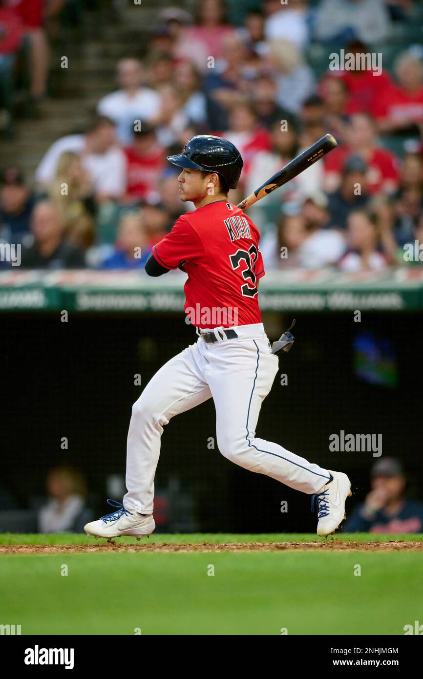 Cleveland Guardians Steven Kwan (38) bats during an MLB baseball game ...