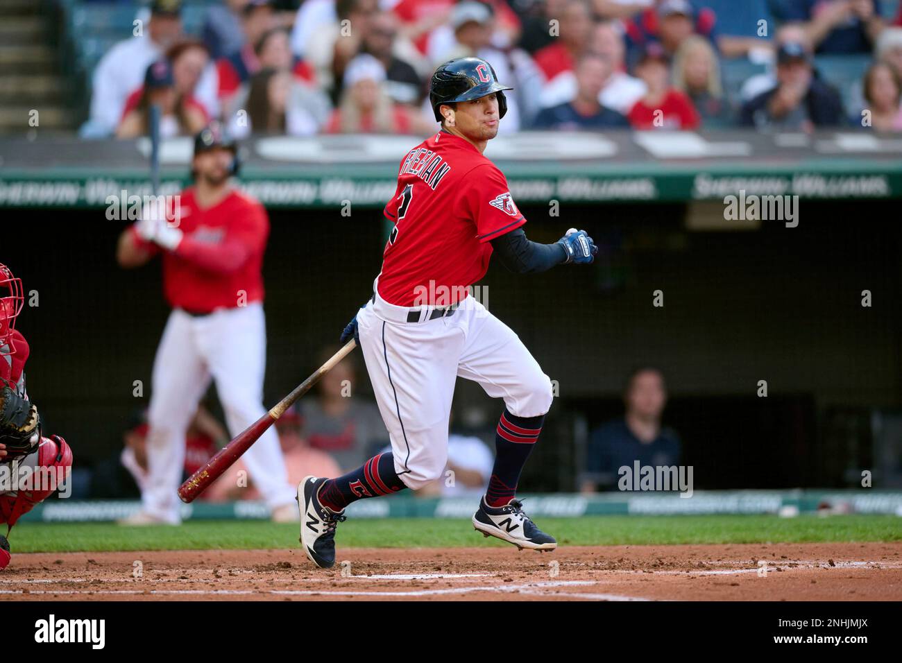 Cleveland Guardians third baseman Tyler Freeman (2) hits an RBI single ...