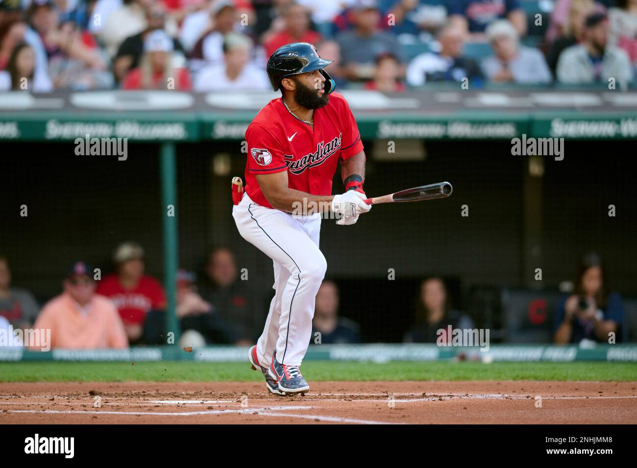 Cleveland Guardians Amed Rosario (1) bats duringan MLB baseball game ...