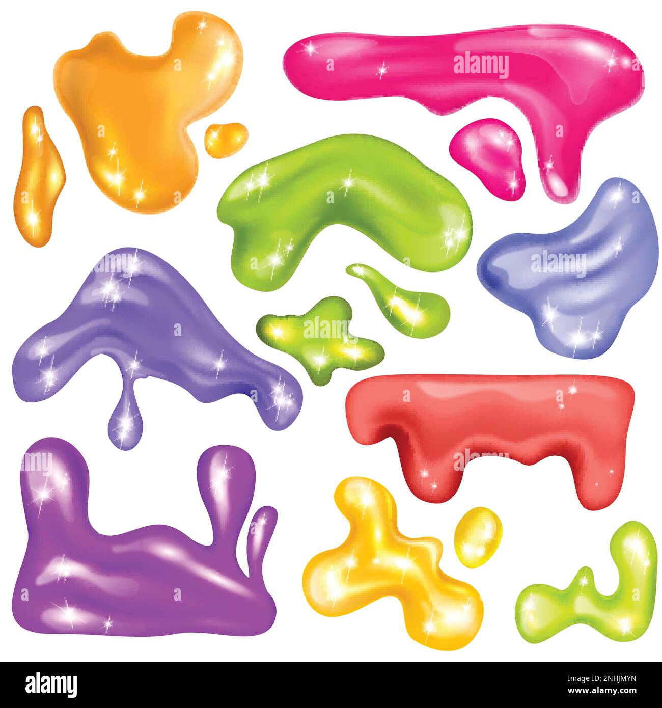 Realistic glossy glitter sweet slime set of isolated spots and blots of ...