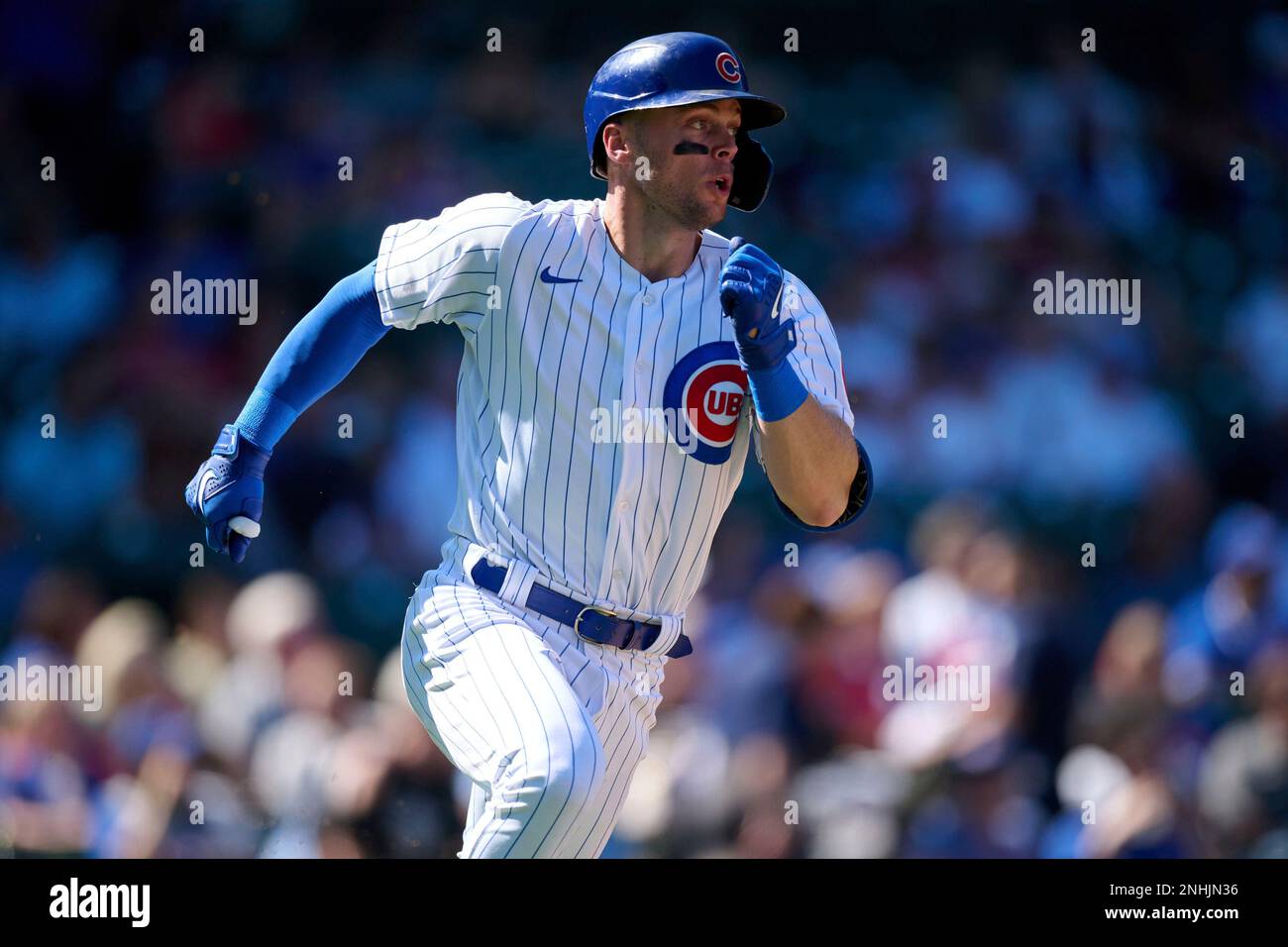 Chicago Cubs Nico Hoerner (2) runs to first base during a Major League ...