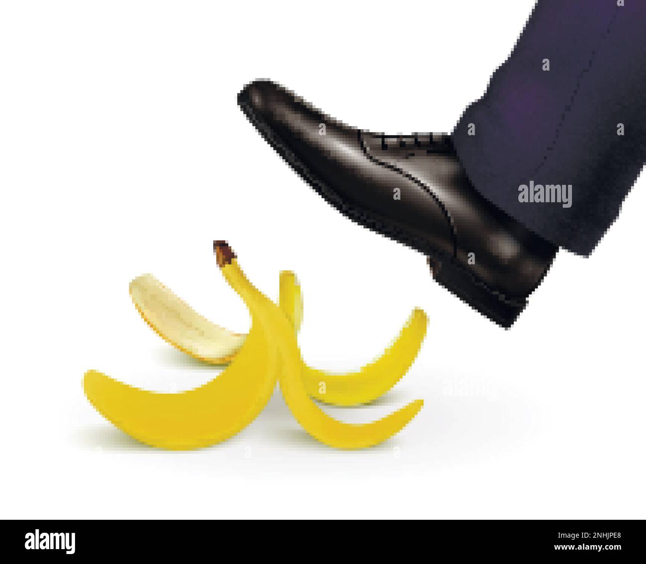 Male foot going to step on banana peel realistic composition on white ...