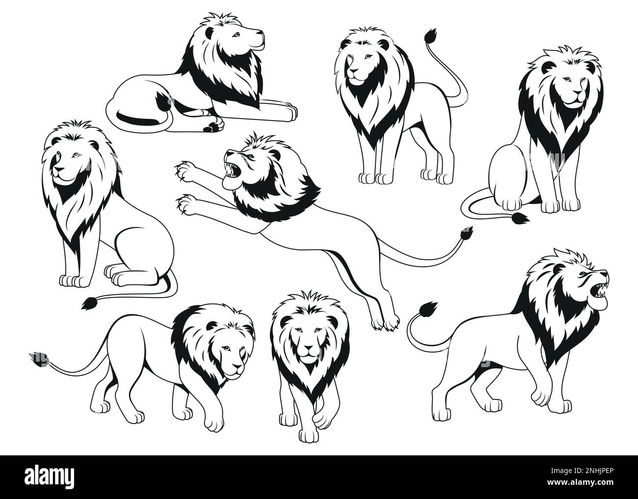Flat heraldic lion icons set with monochrome predator in different ...