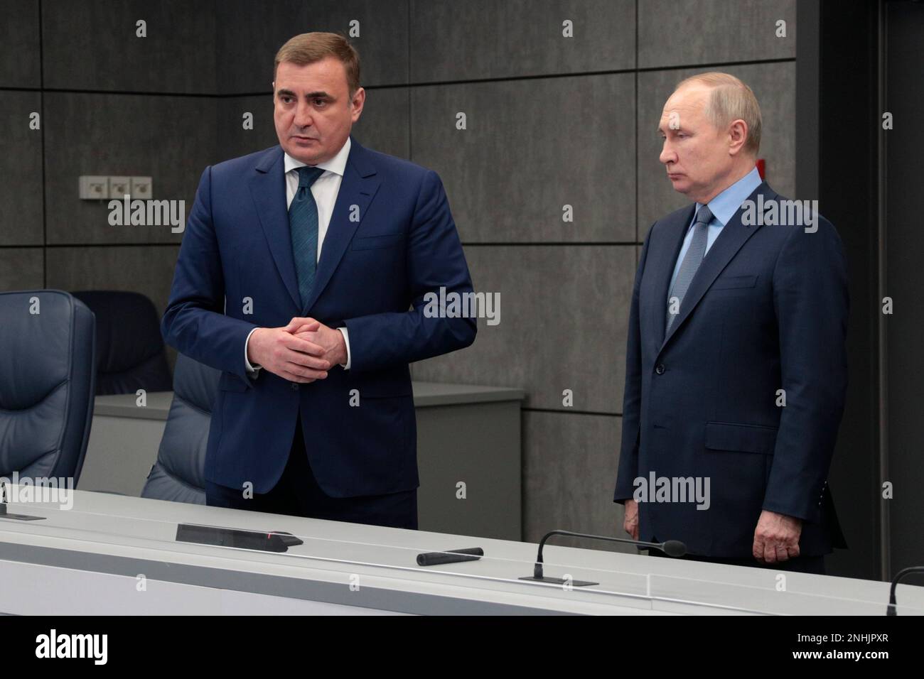 Russian President Vladimir Putin, right, stands next to Tula Region ...