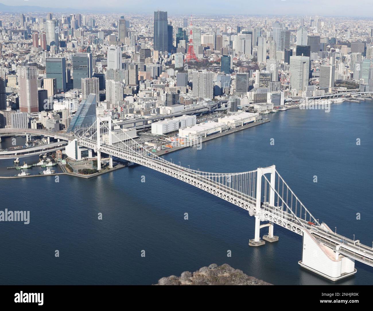 An aerial photo shows the Rainbow Bridge and the townscape of Tokyo on ...