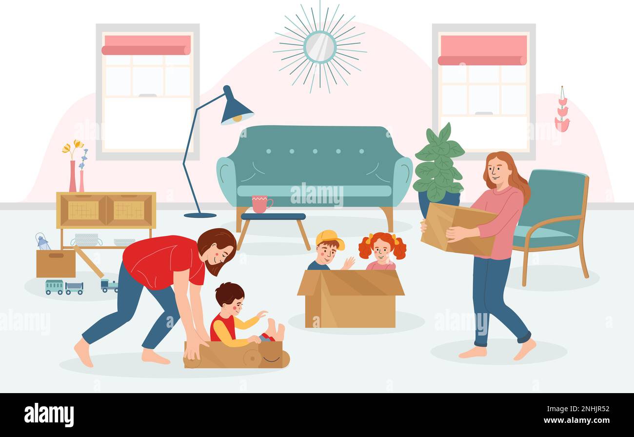 Kids playing toys making from cardboard boxes with their parents flat ...