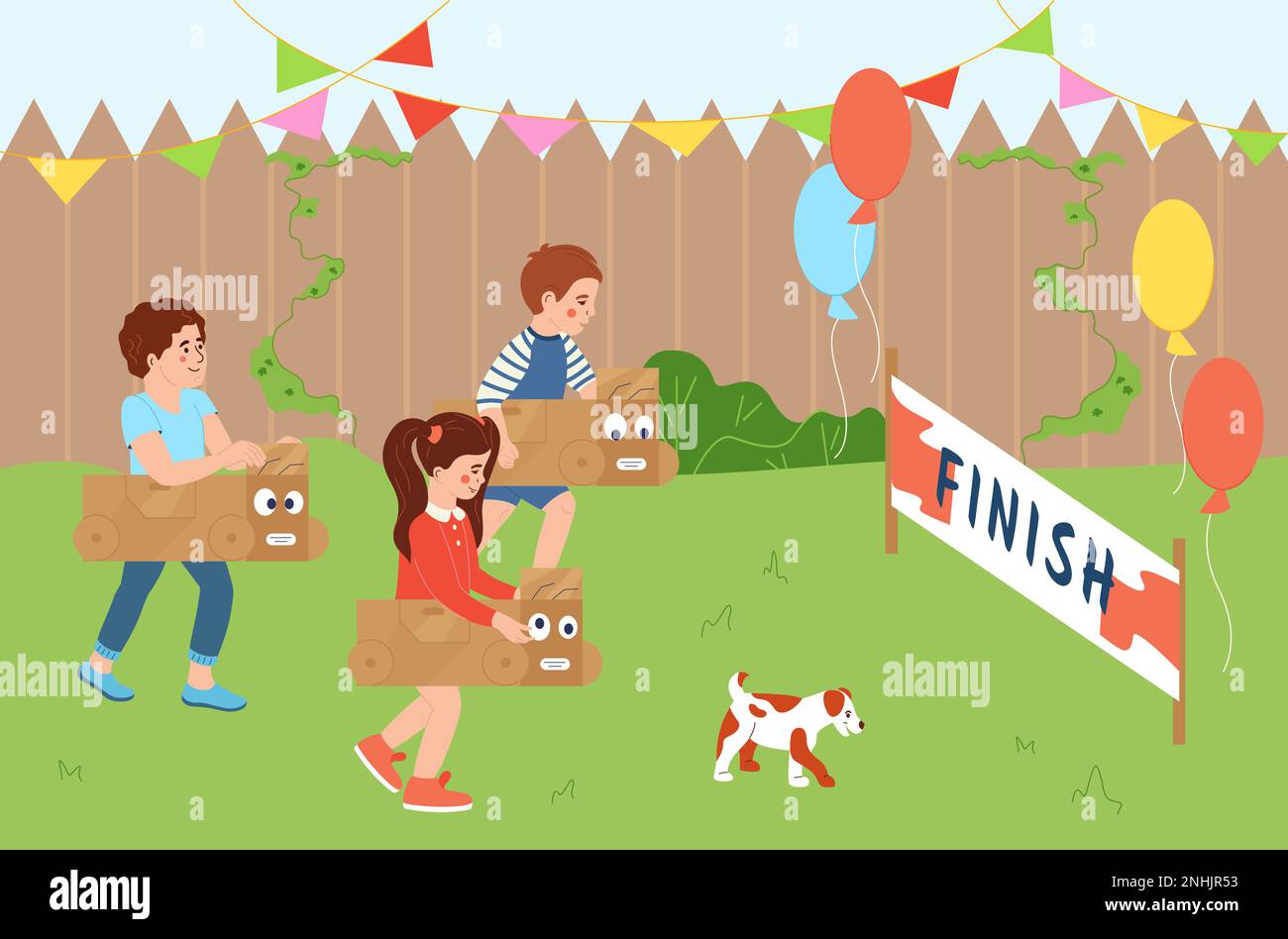 Kids playing racing cars made of cardboard boxes flat poster vector ...