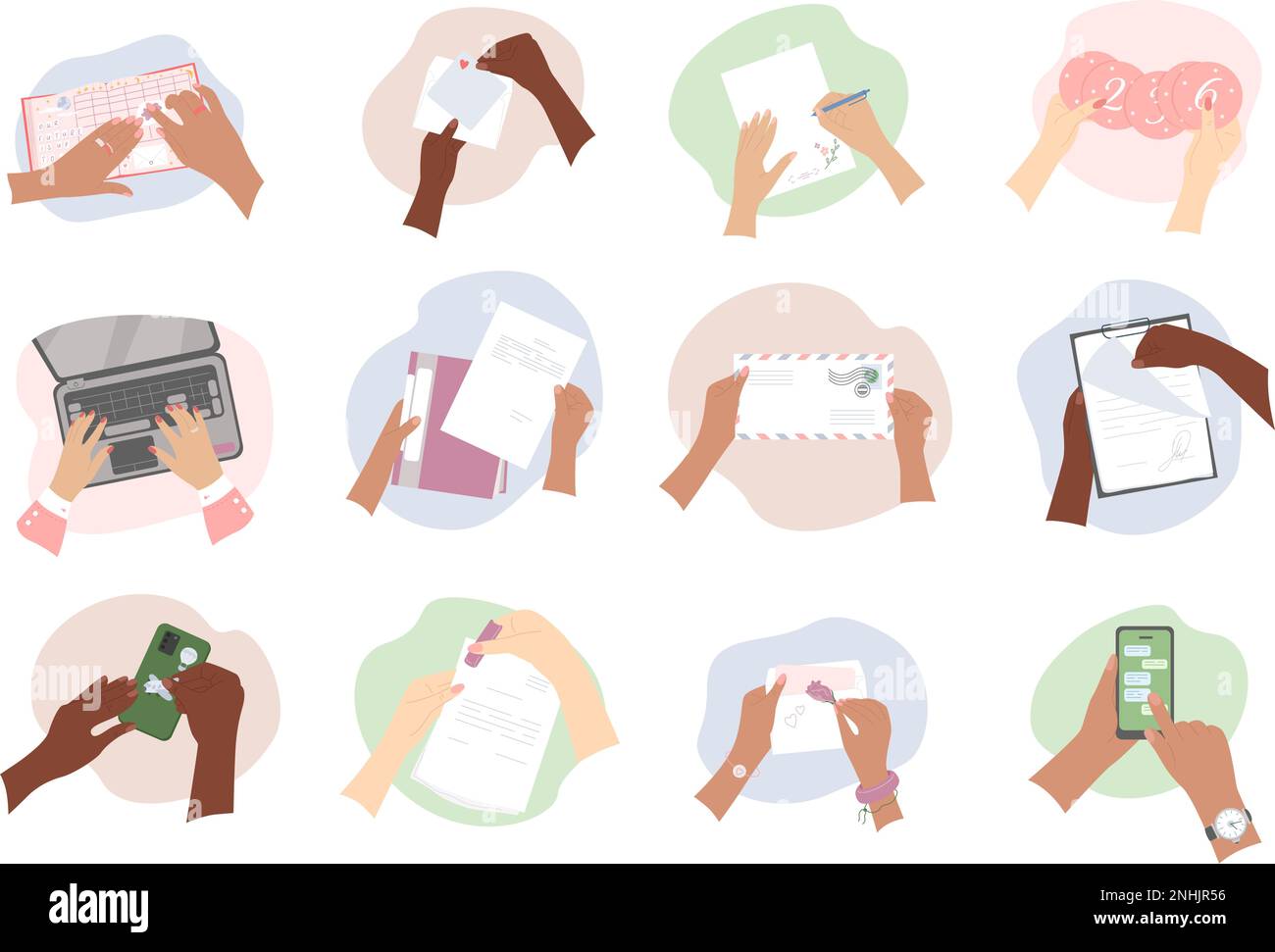 Hands flat icons set with human palms holding different objects ...