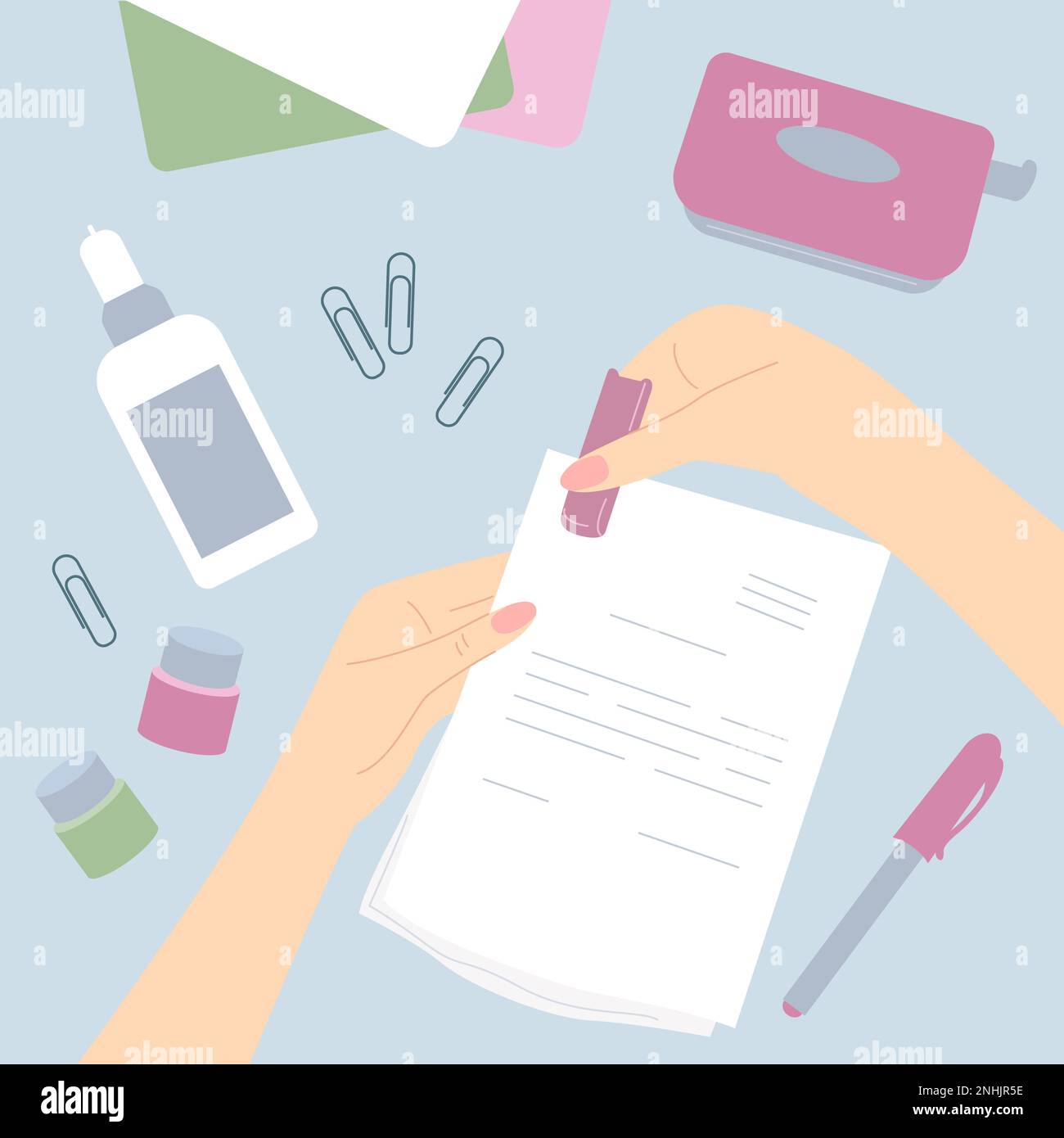 Office stationery flat concept with human hands holding paper letter ...