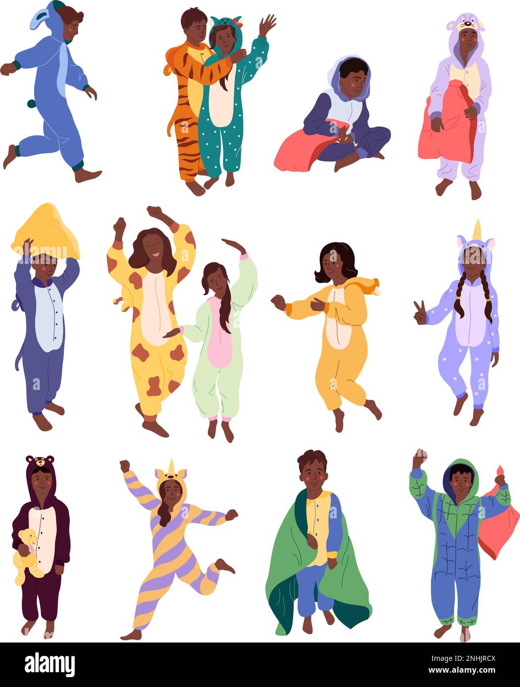 Pyjama party flat icons set with kids in kigurumi and sleeping ...