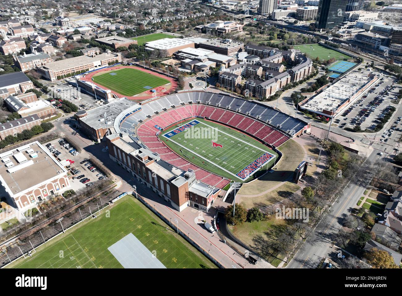 A general overall aerial view of Gerald J. Ford Stadium (right) and the ...
