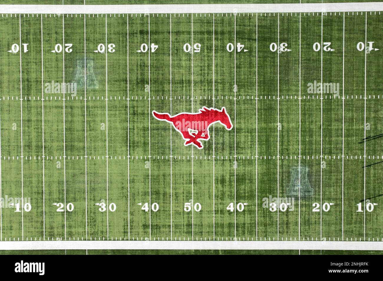 A general overall aerial view of the SMU Mustangs logo on the football ...