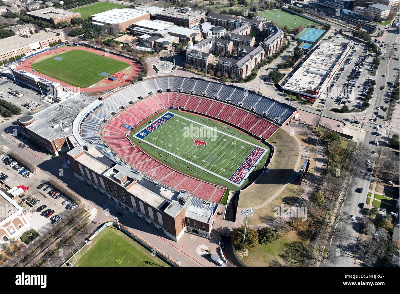 A general overall aerial view of Gerald J. Ford Stadium (right) and the ...
