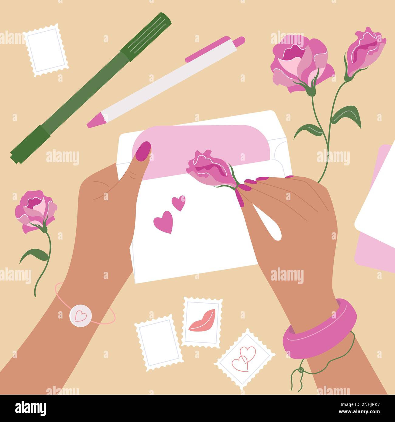 Love letter flat concept with human hands puting flowers into paper ...