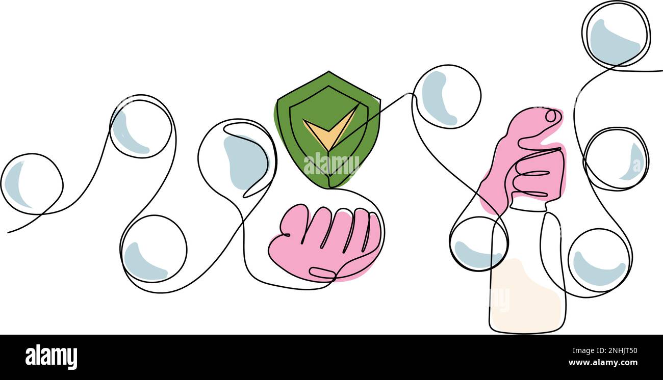 Continuous one line drawing of hand doing chores with disinfectant ...