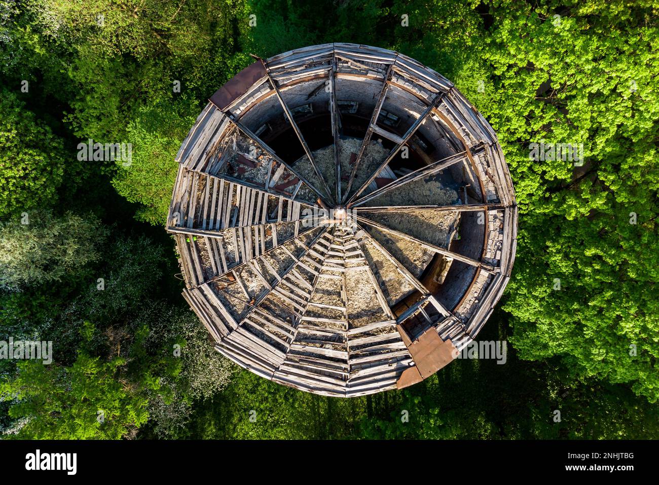 Aerial view of the leaky roof of an abandoned water tower Stock Photo ...
