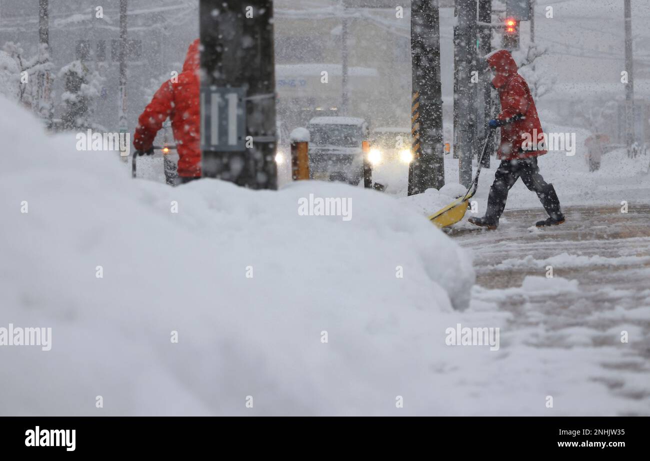 The roads are covered with snow in Shinjo City, Yamagata Prefecture ...