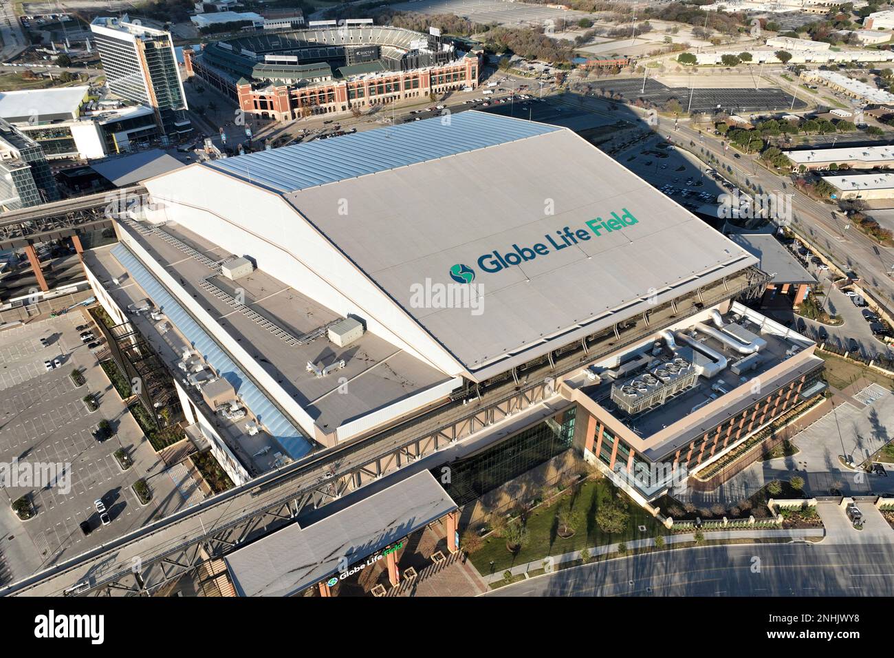 A general overall aerial view of Globe Life Field retractable roof ...