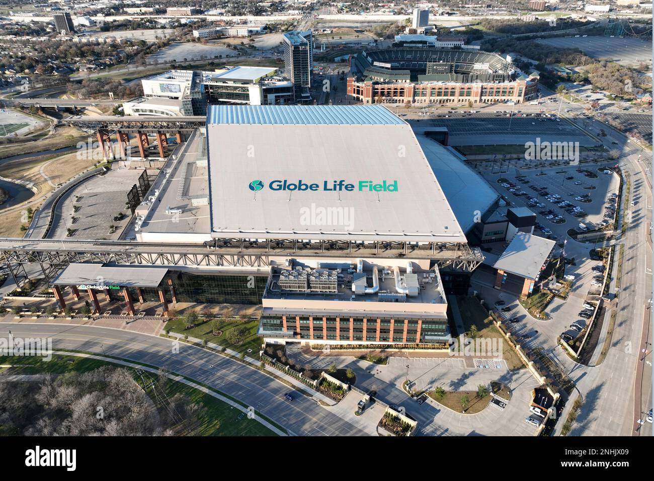 A general overall aerial view of Globe Life Field retractable roof ...