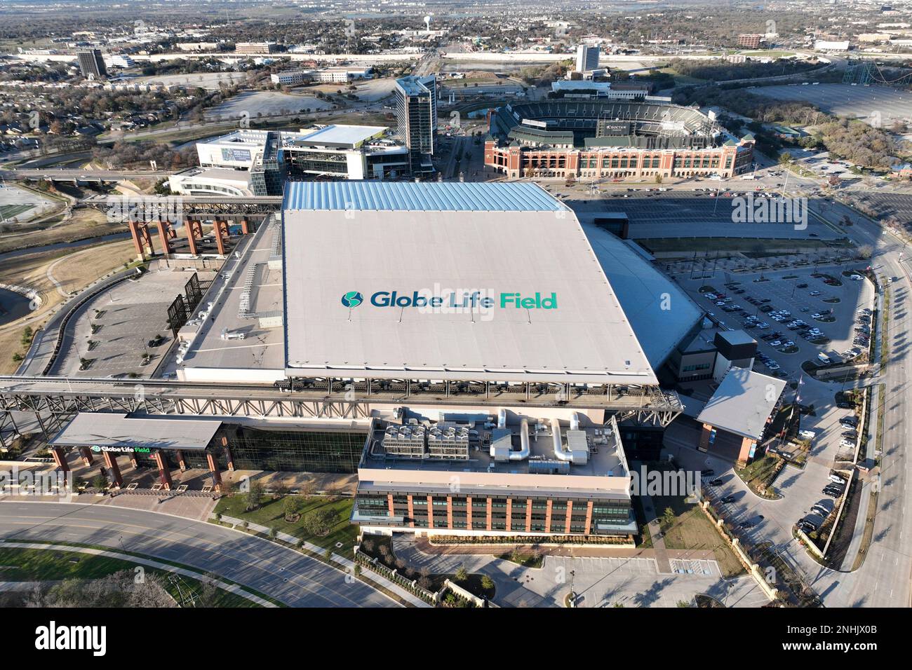 A general overall aerial view of Globe Life Field retractable roof ...