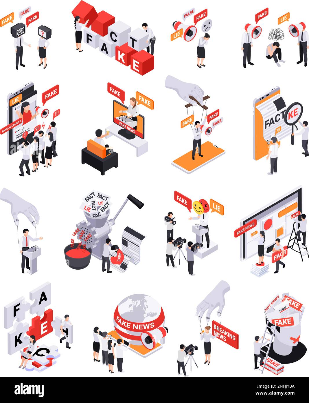 Fake news disinformation propaganda isometric set of isolated icons ...