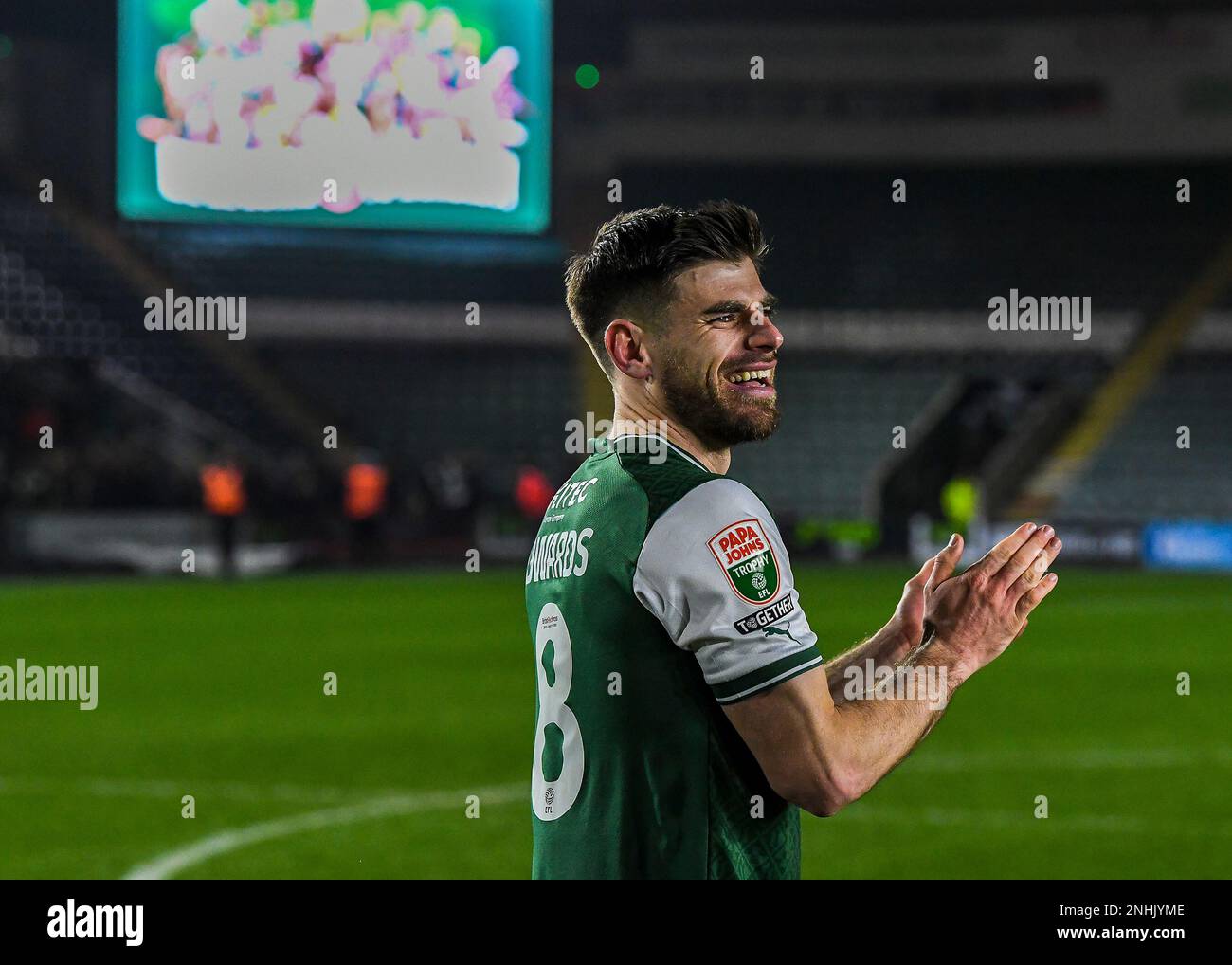 Plymouth Argyle midfielder Joe Edwards (8) celebrates a win at full ...