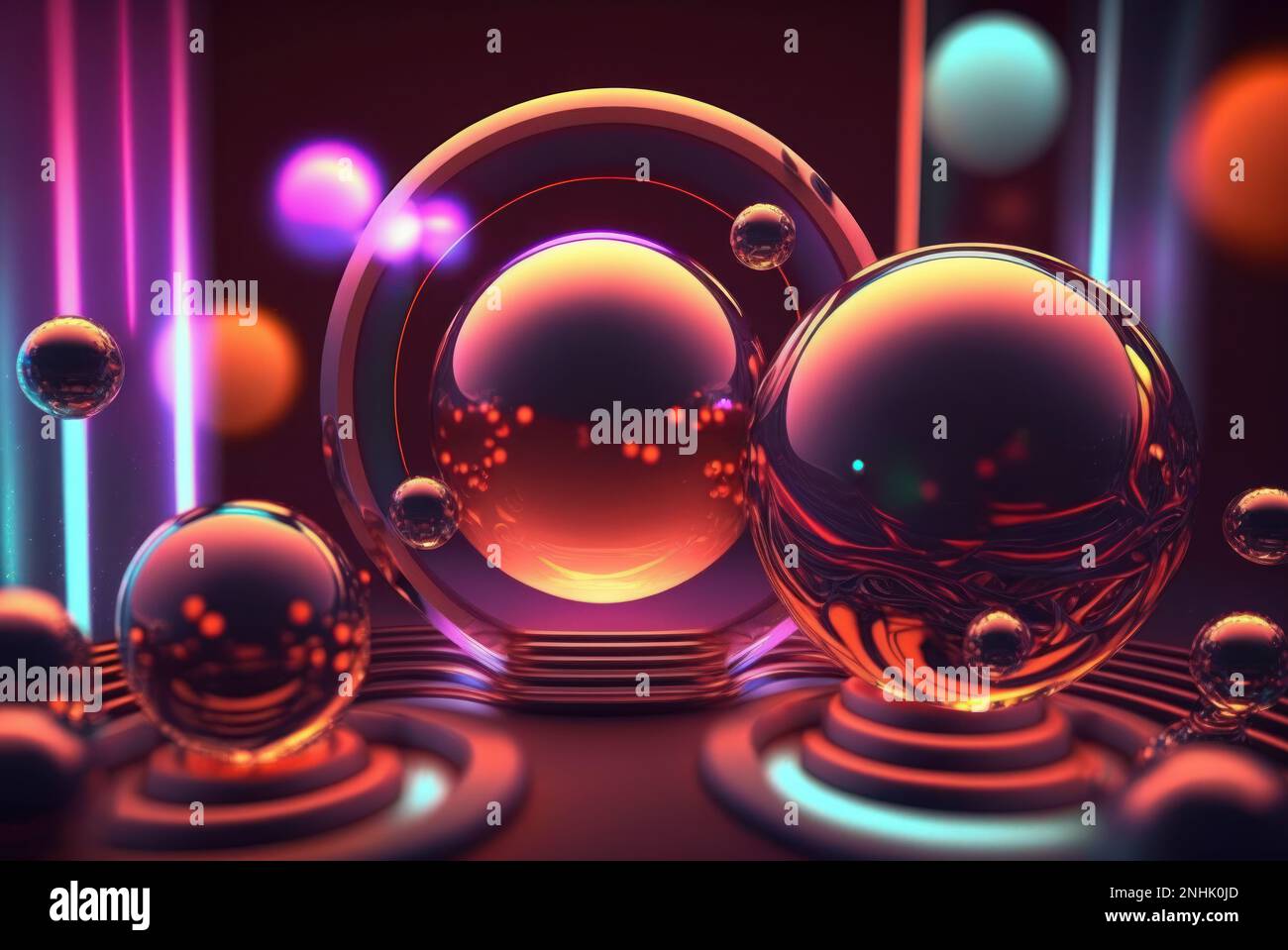 3D render realistic neon lights lines and bubbles background vector ...