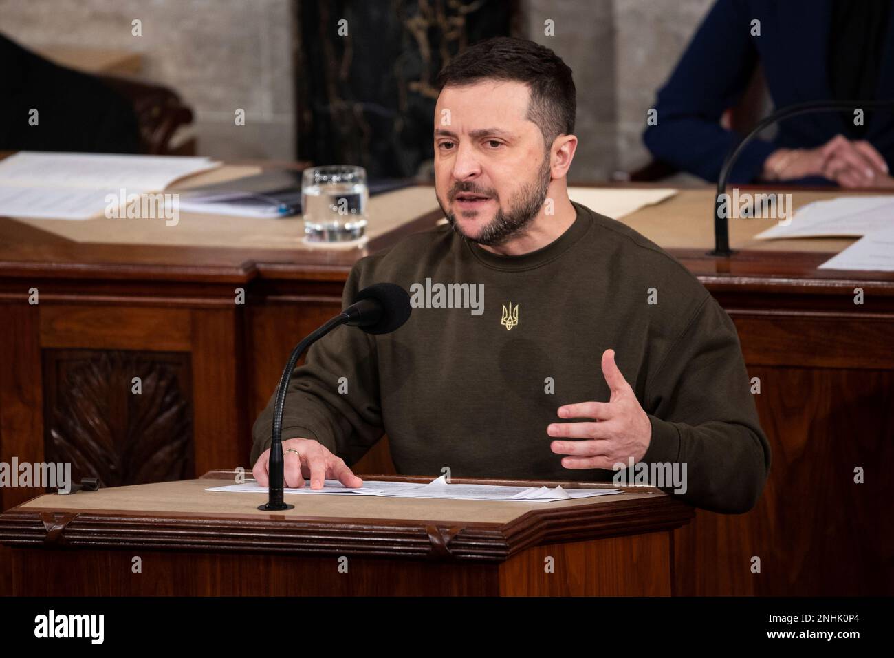 Ukraine President Volodymyr Zelenskyy delivers an address during a ...