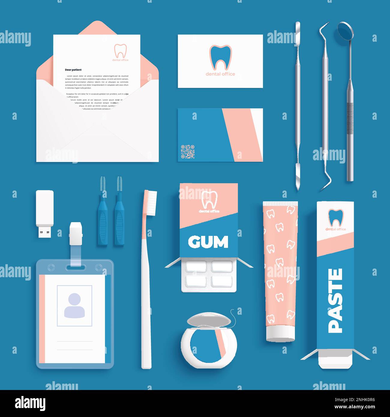 Blue background with corporate identity logo on realistic dentist ...