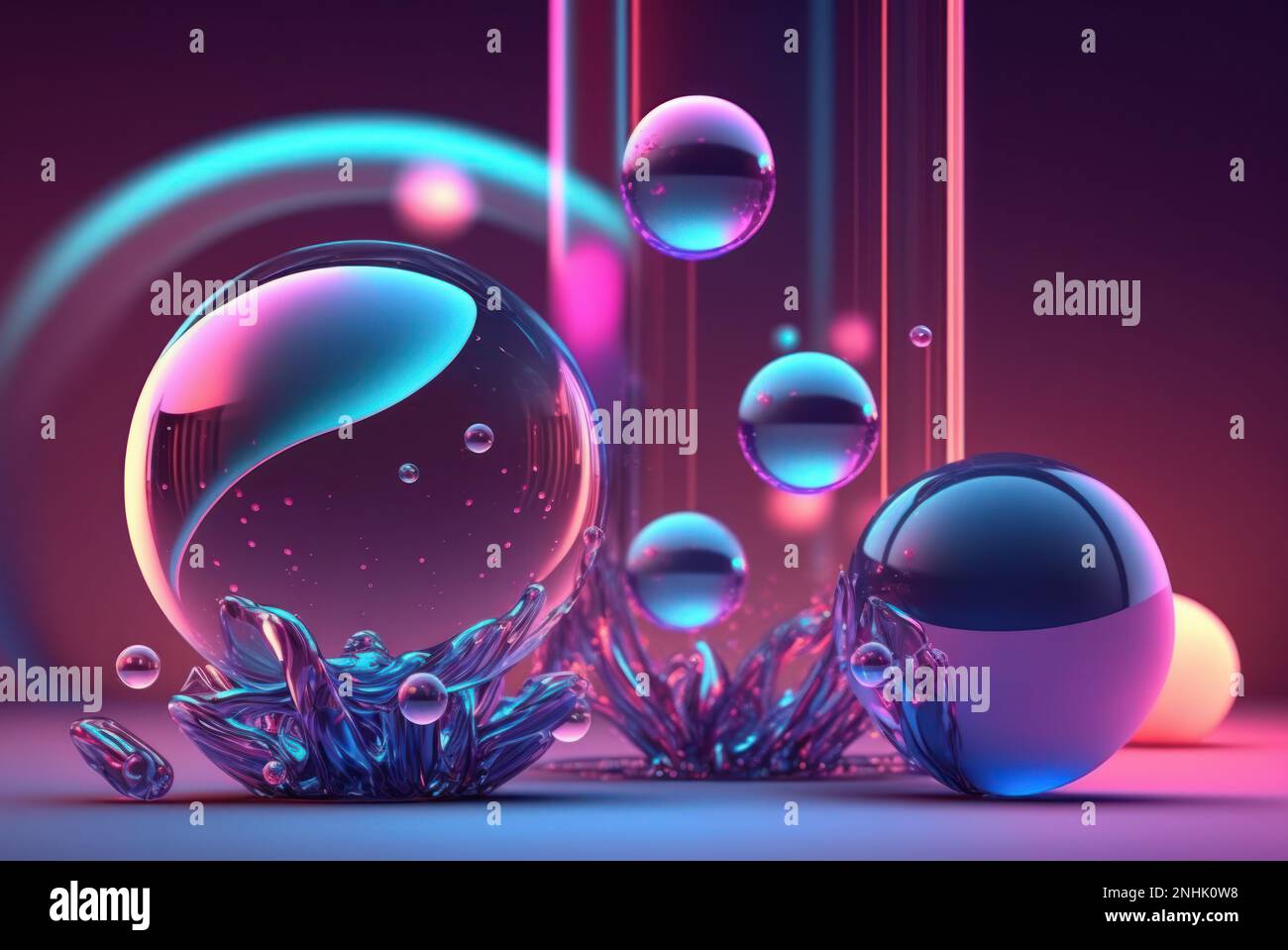 3D render realistic neon lights lines and bubbles background vector ...