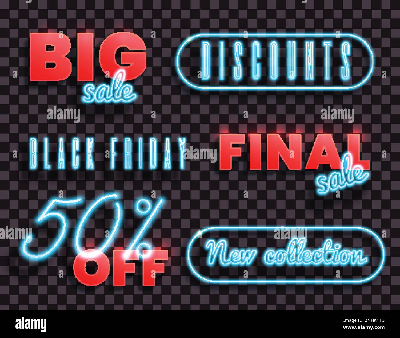 Sale billboard collection with light frame and neon letters on dark ...