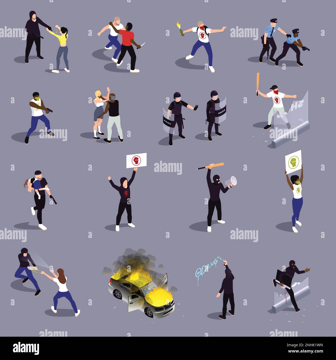 Street violence isometric set of protesting people with posters and ...