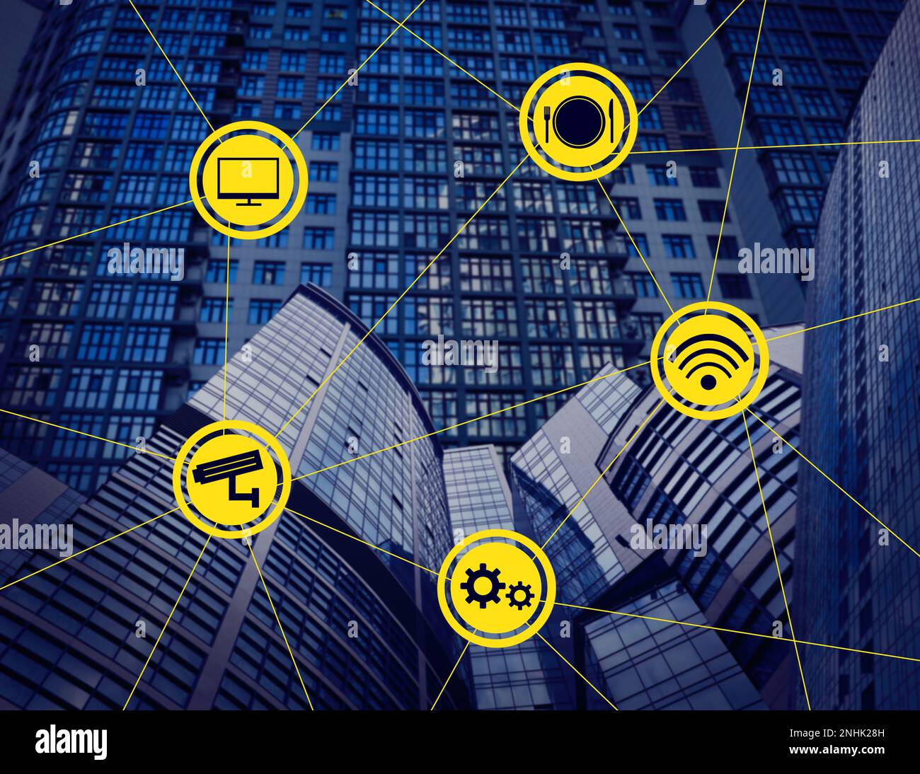 Different virtual icons and modern buildings on background. Smart city ...