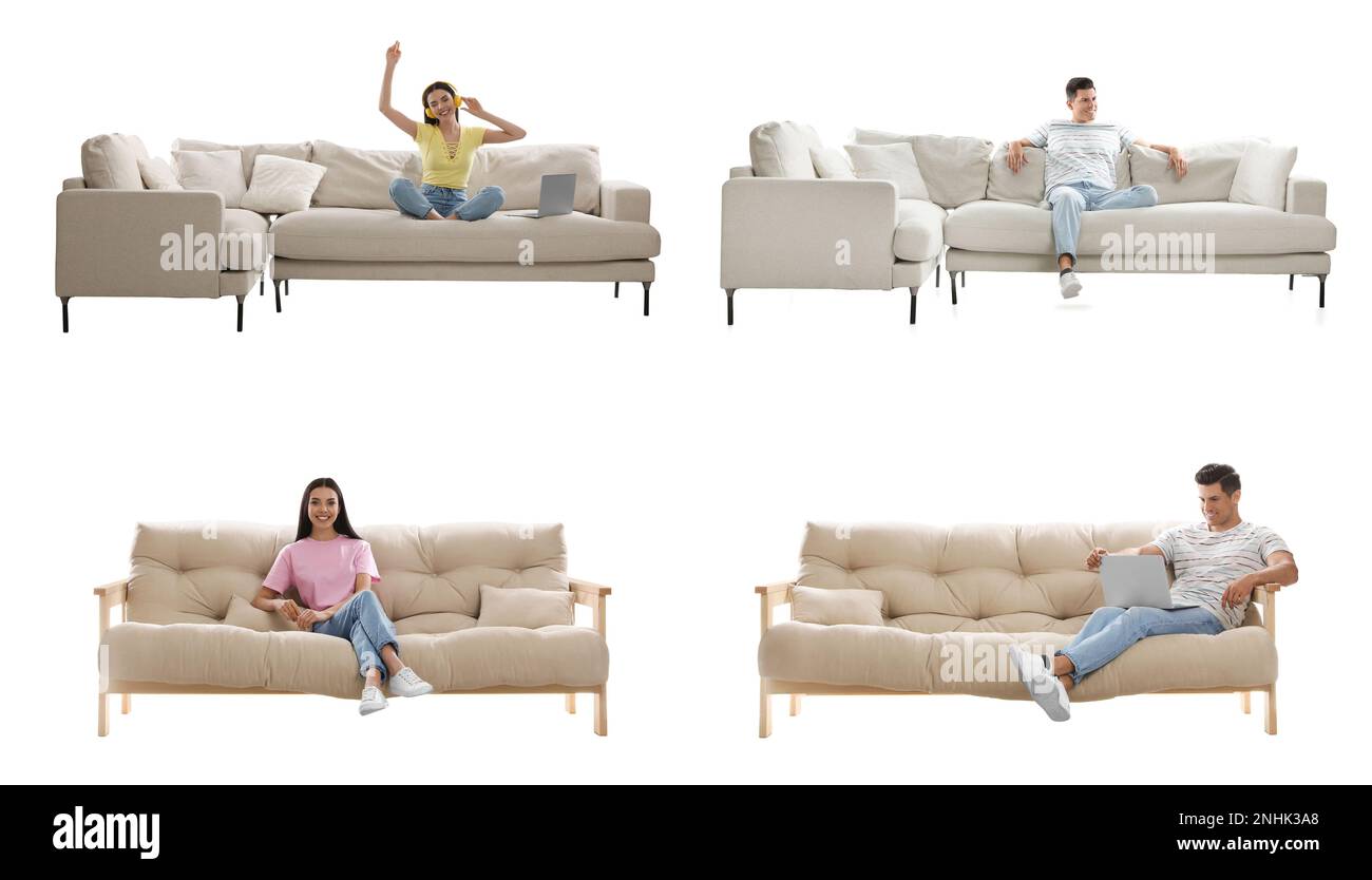 People resting on different stylish sofas against white background ...