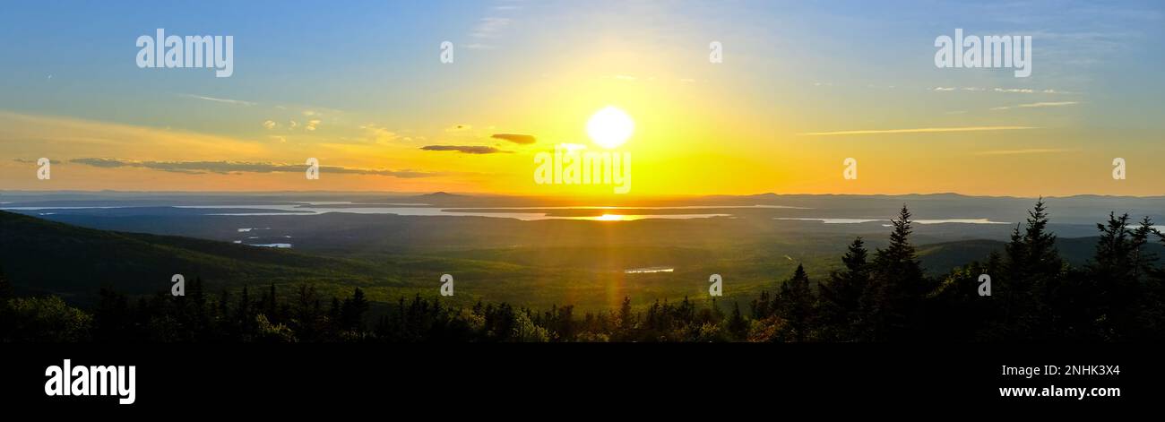 Sunset from Cadillac Mountain, Acadia National Park. Panoramic view ...