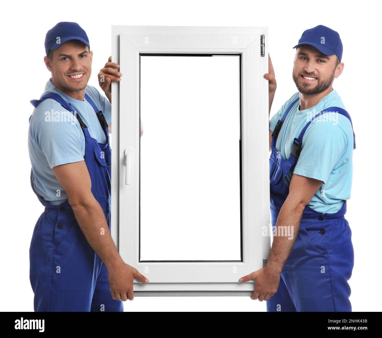 Workers with plastic window on white background. Installation service ...