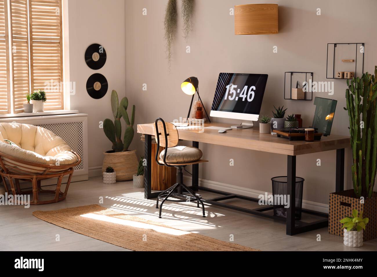 Room interior with comfortable workplace. Modern computer on wooden ...