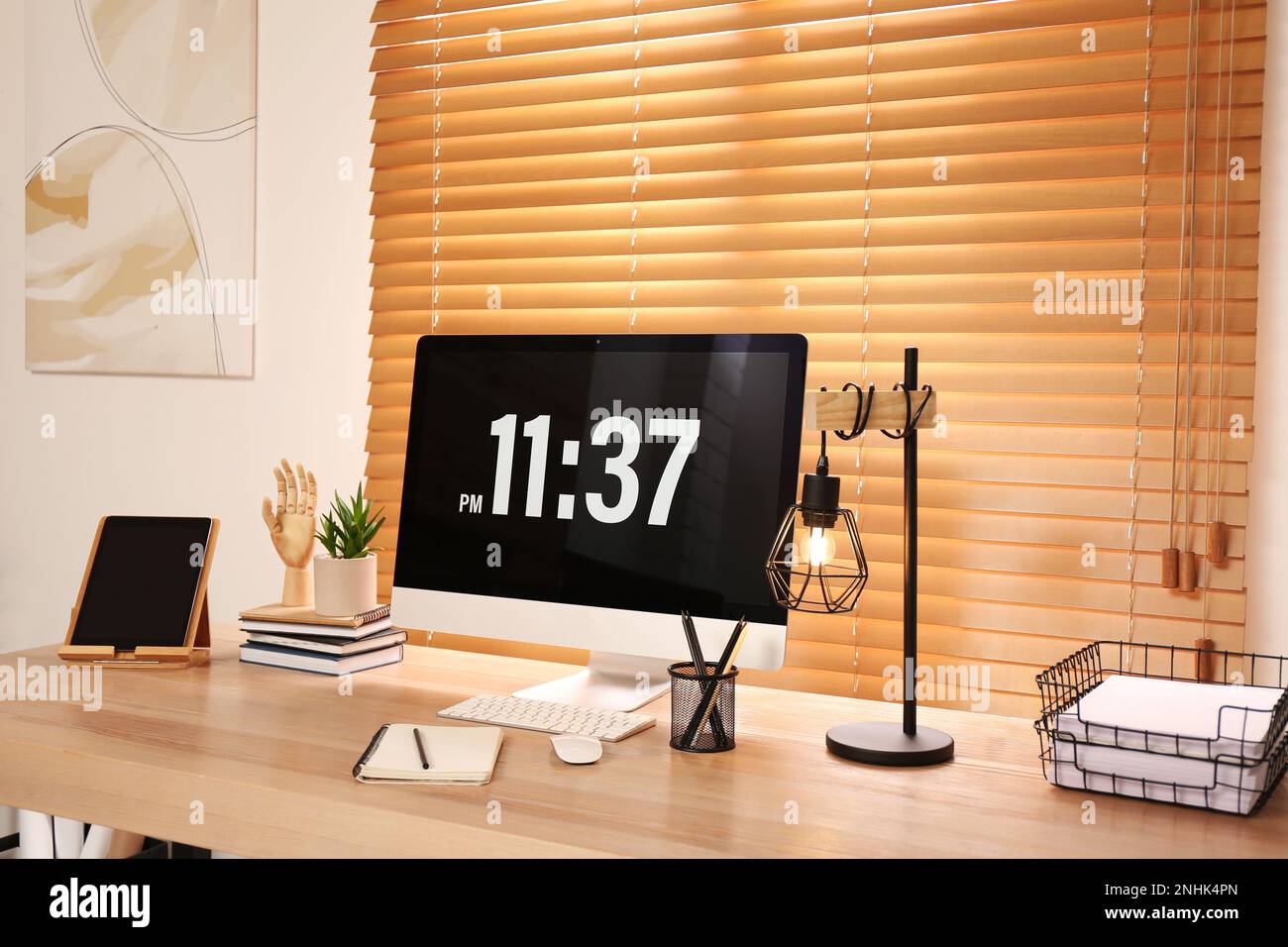 Modern computer on wooden desk near window. Interior design Stock Photo ...