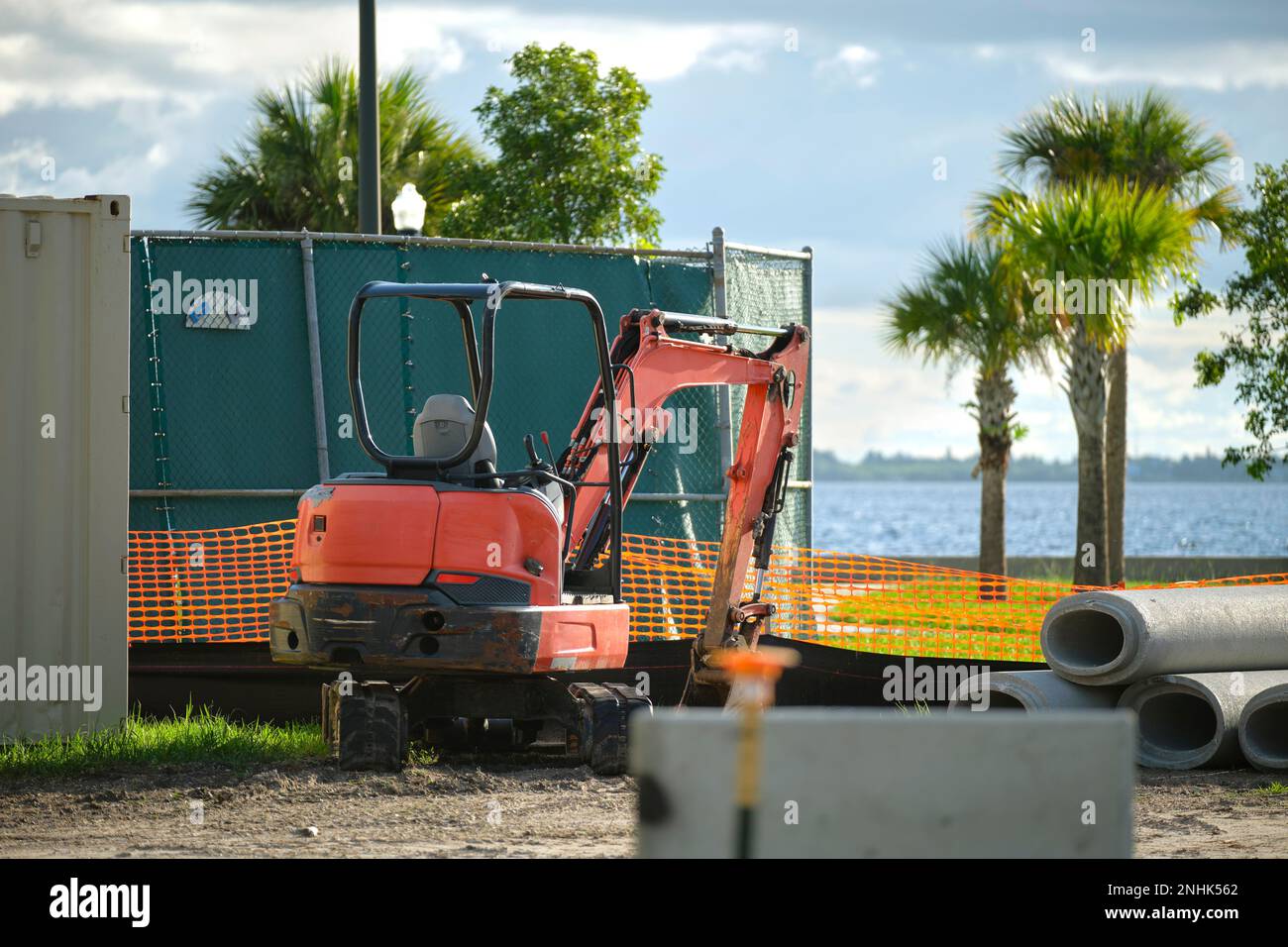 Restriction plastic mesh fence at industrial construction site ...