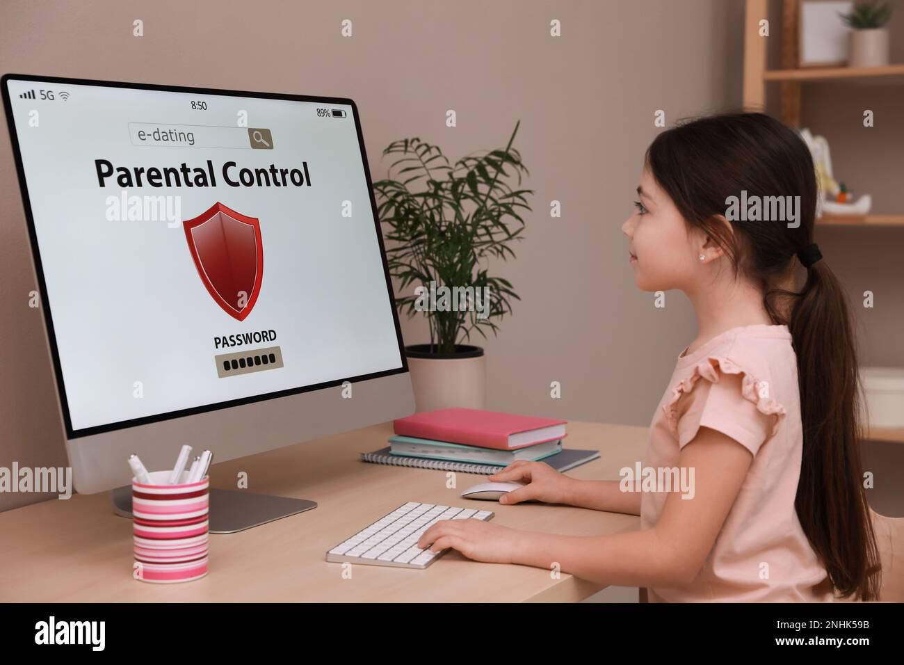Little girl having access restriction by parental control on computer ... Little girl having access restriction by parental control on computer ...