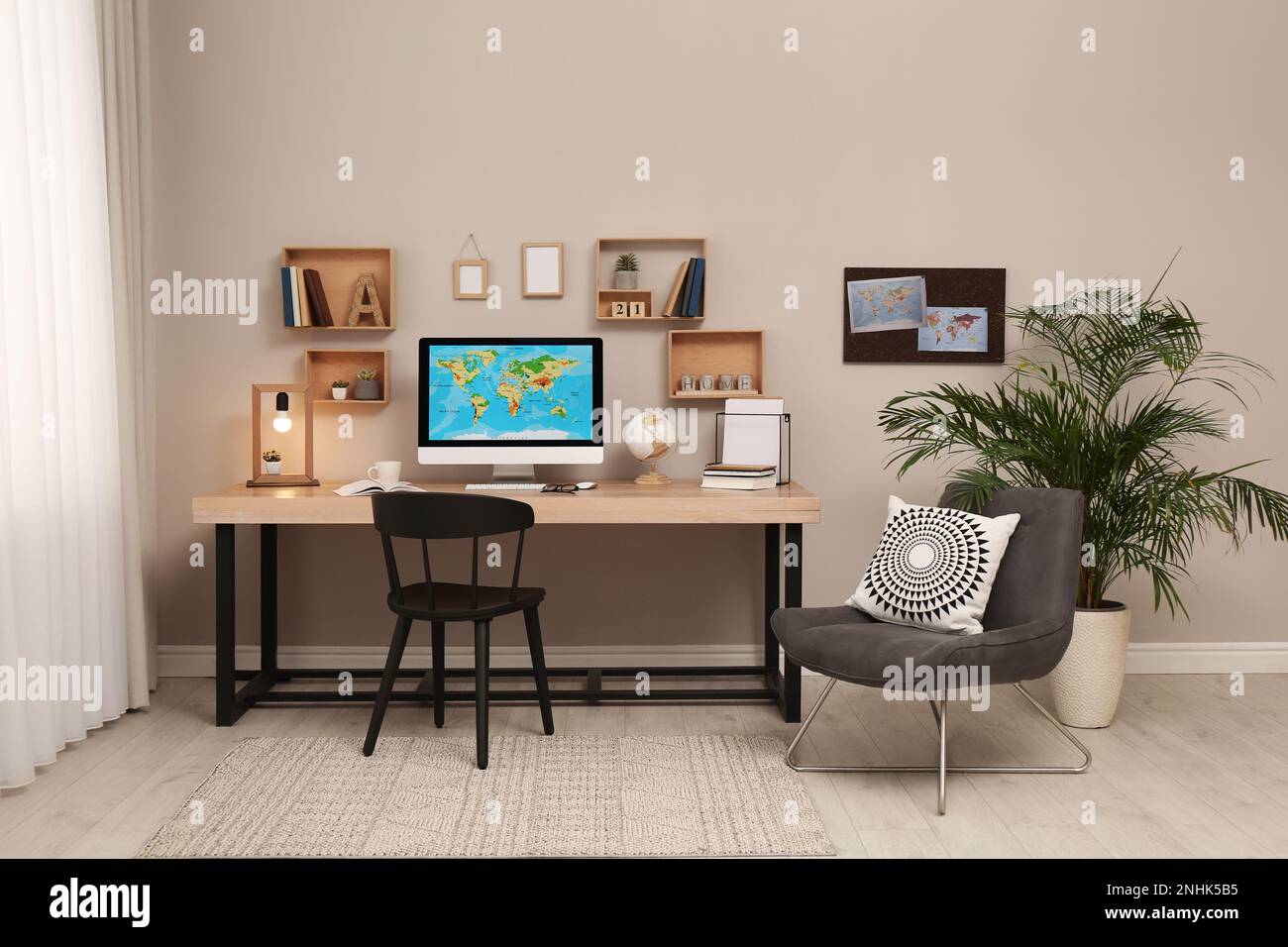 Room interior with comfortable workplace. Modern computer on wooden ...