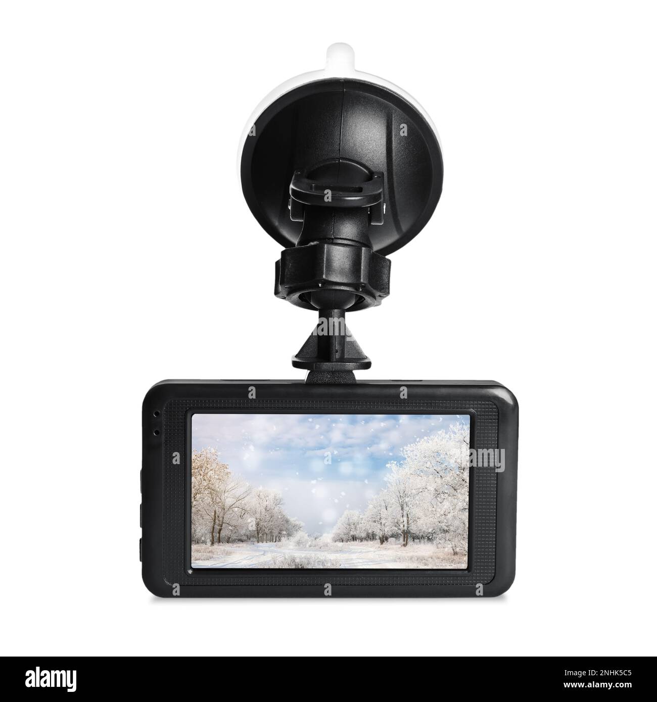 Modern car dashboard camera with photo of snowy road on screen against ...