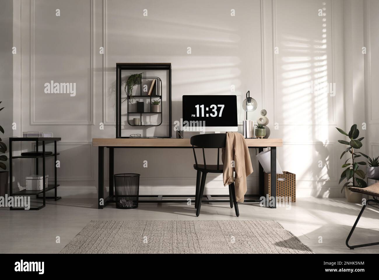 Room interior with comfortable workplace. Modern computer on wooden ...